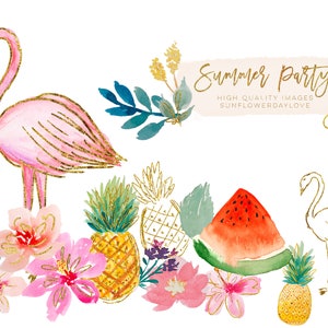 Tropical Clip Art, Flamingos Watercolor Summer Clipart Set, Pineapple ...