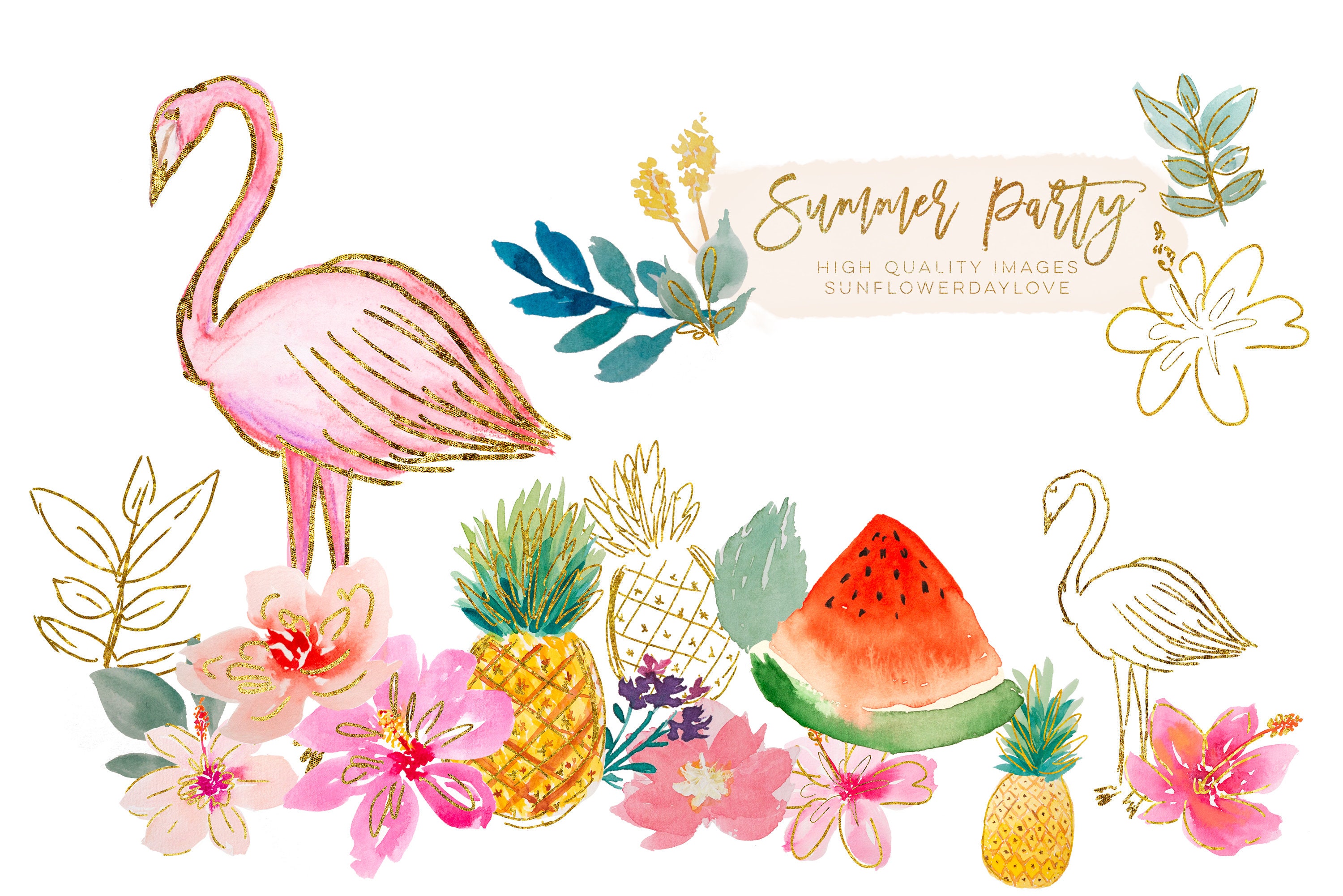 Tropical Clip Art Flamingos Watercolor Summer Clipart Set - Etsy