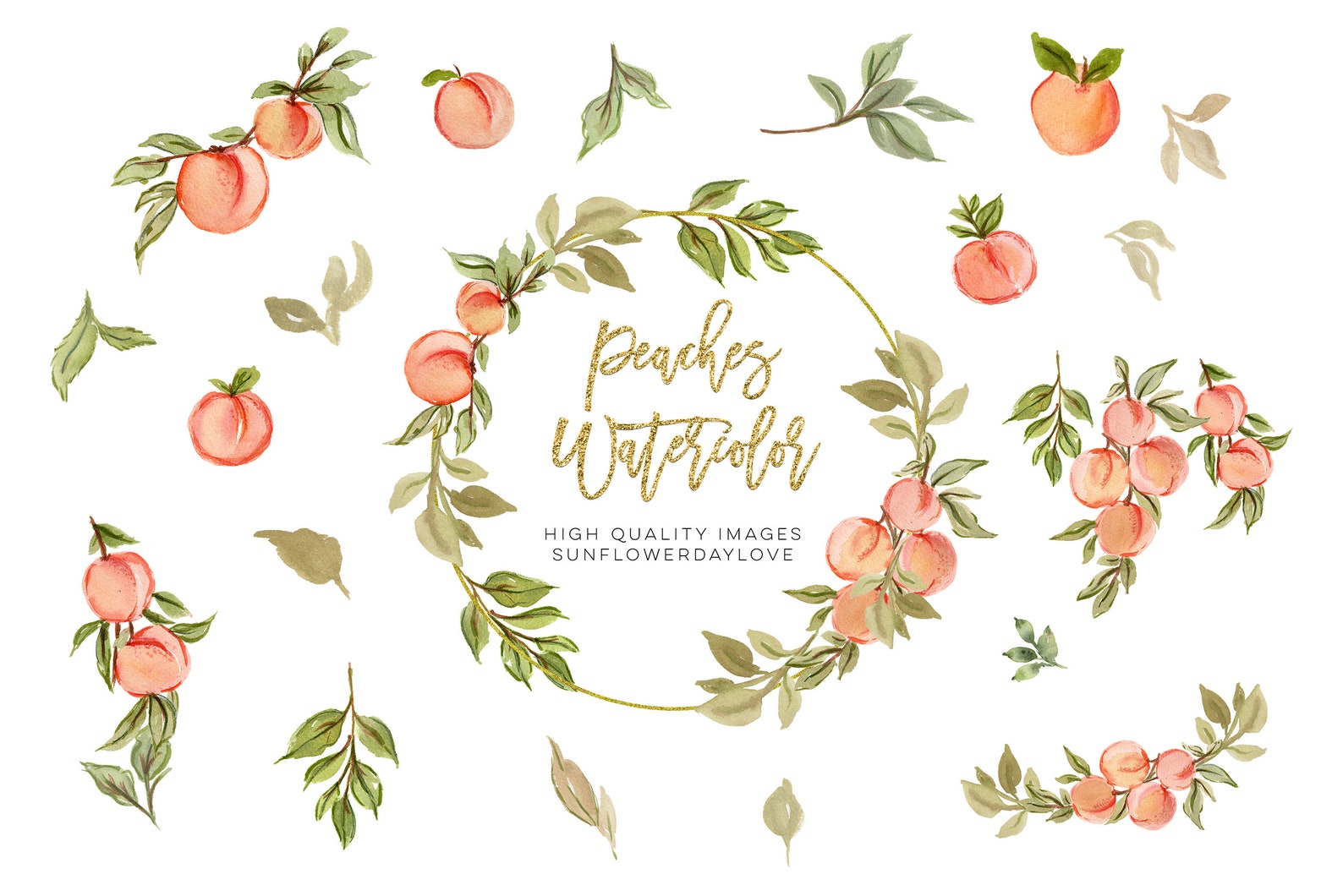 Peaches Watercolor Elements Clipart, Peach Fruit Cli Part, Peach Leaves ...