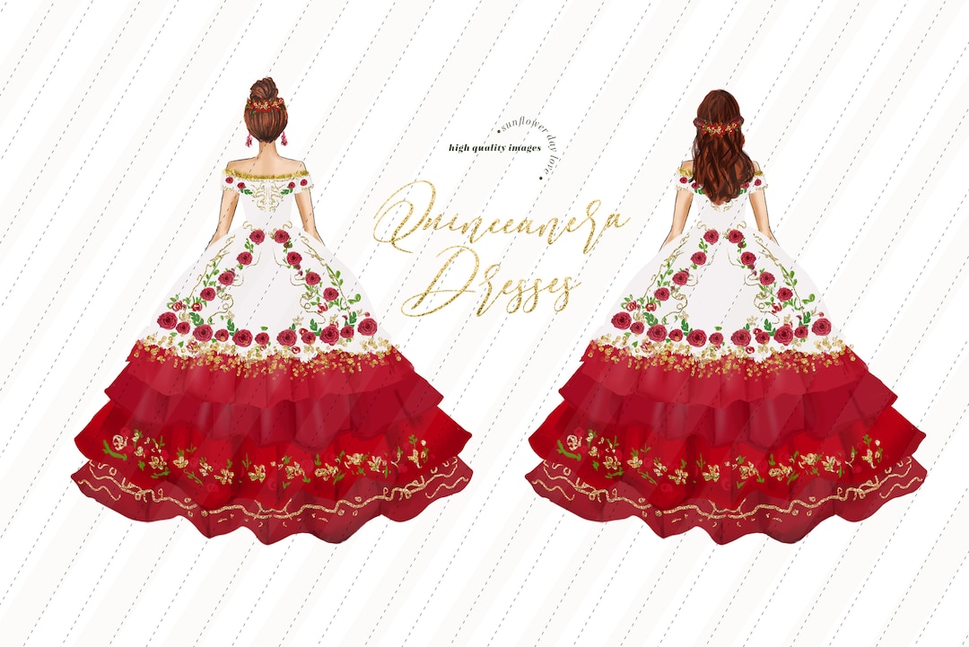 White & Red Miss Quince Clipart, Princess Dresses Clipart, Mexican ...