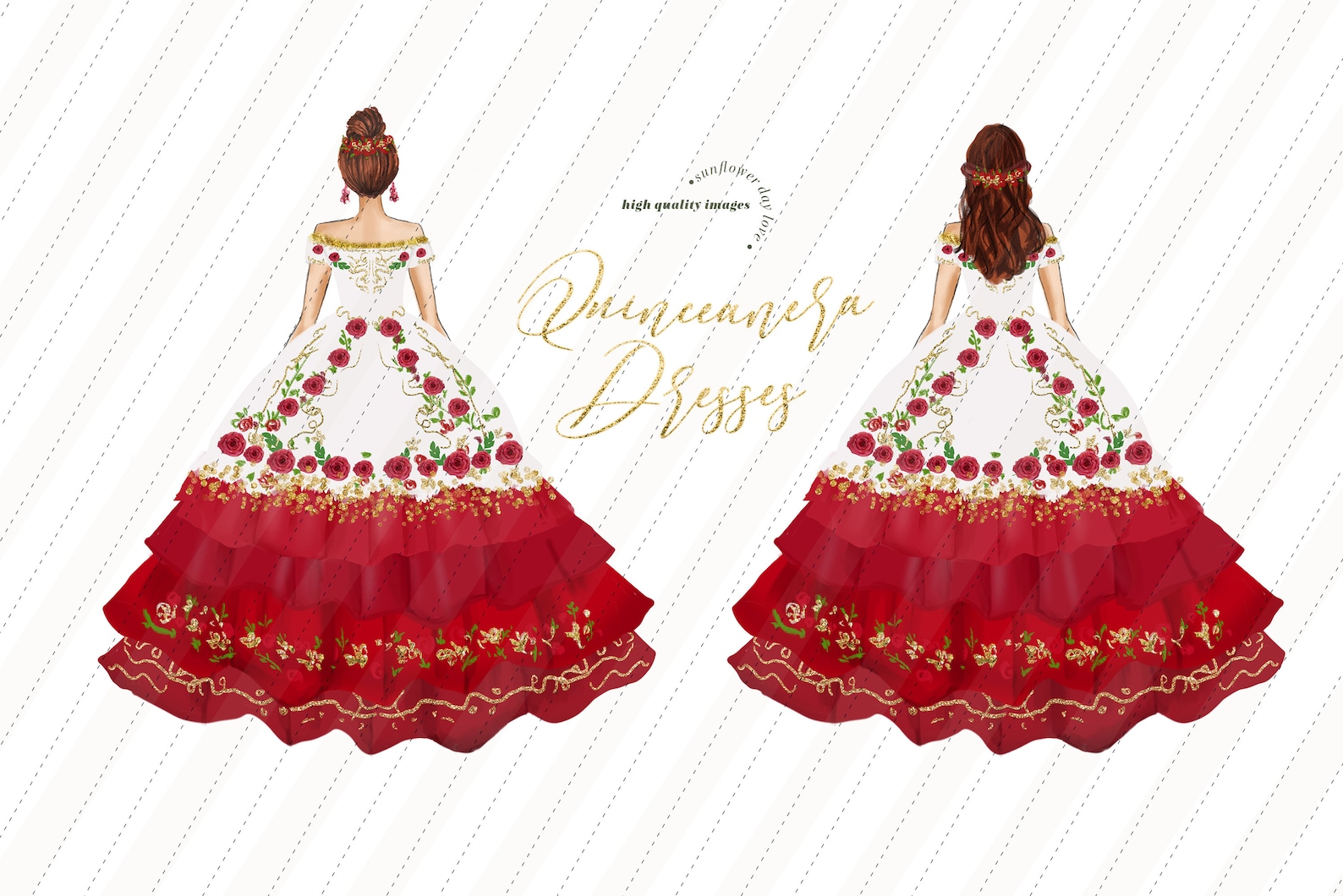 White & Red Miss Quince Clipart, Princess Dresses Clipart, Mexican ...