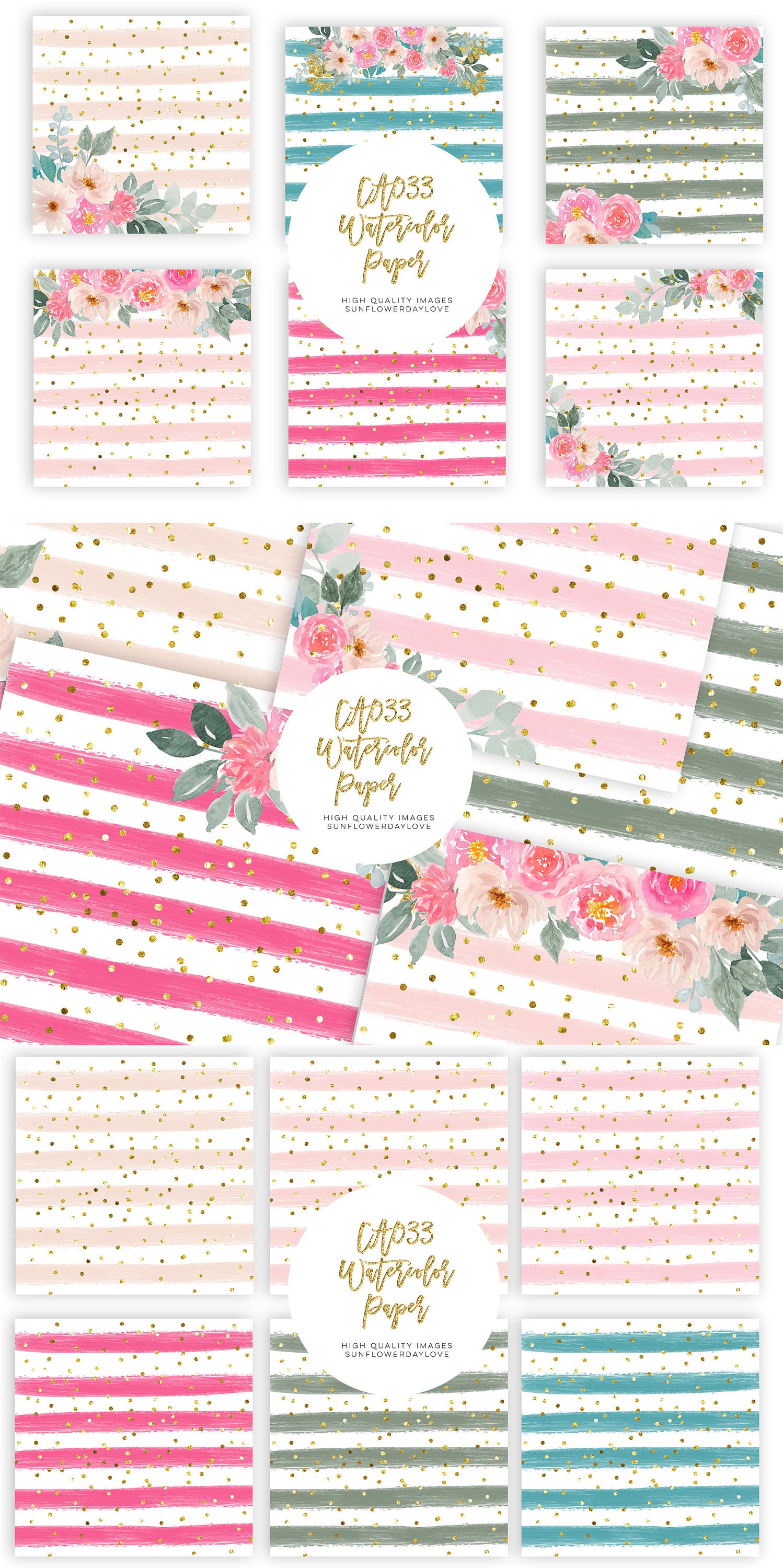 Pink Floral Digital Paper Pack Gold glitter Hand Drawn | Etsy