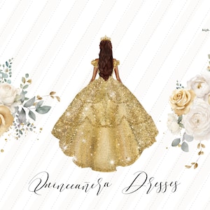 Elegant Gold Princess Dresses Quinceañera White Flowers Watercolor ...