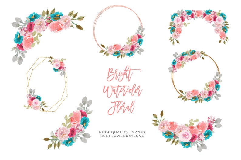 Geometric Gold Frame Pink Watercolor Cakes Clipart Colorful | Etsy