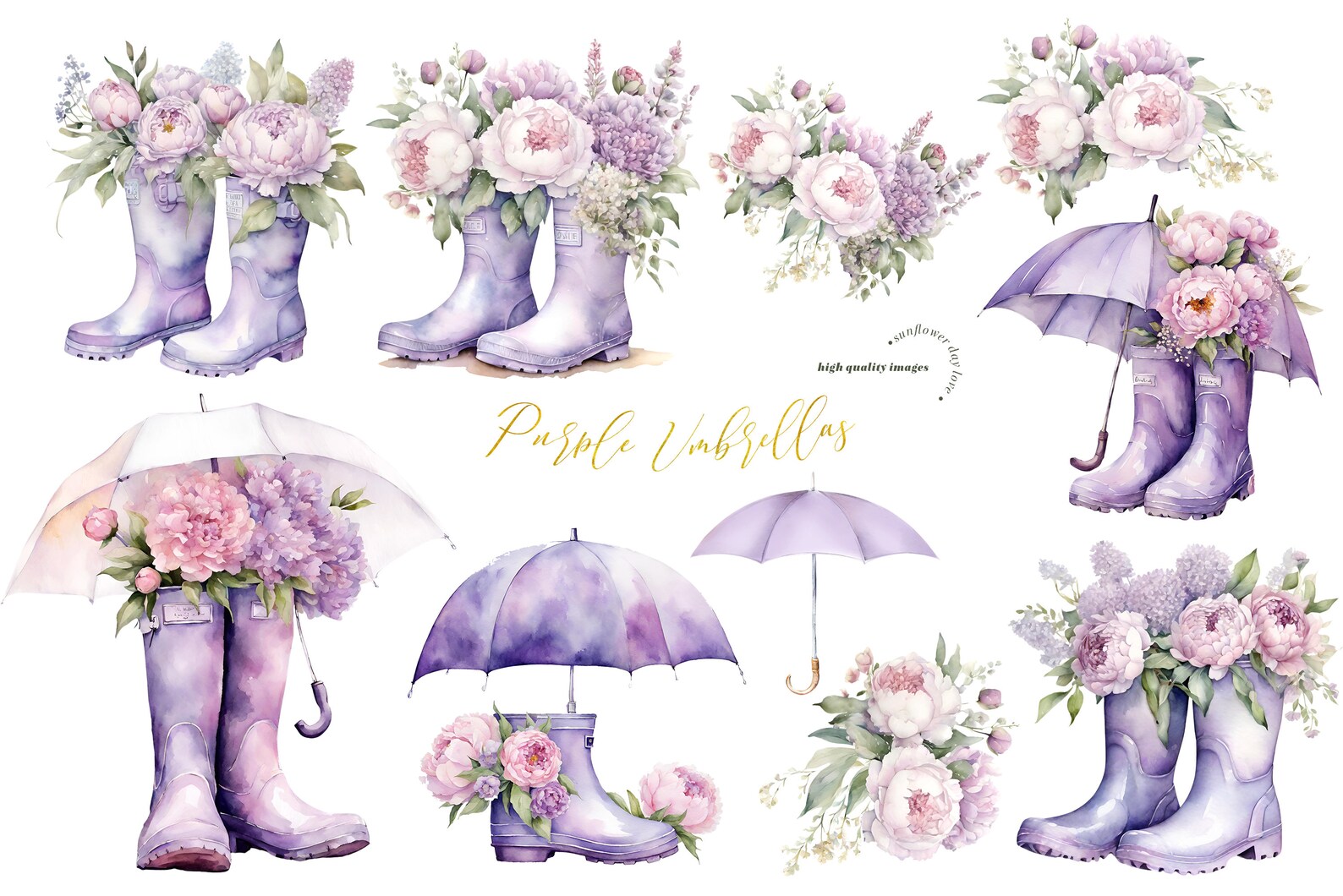 Purple Flowers Rain Boots Watercolor Clipart, Rainy Boots Umbrella ...