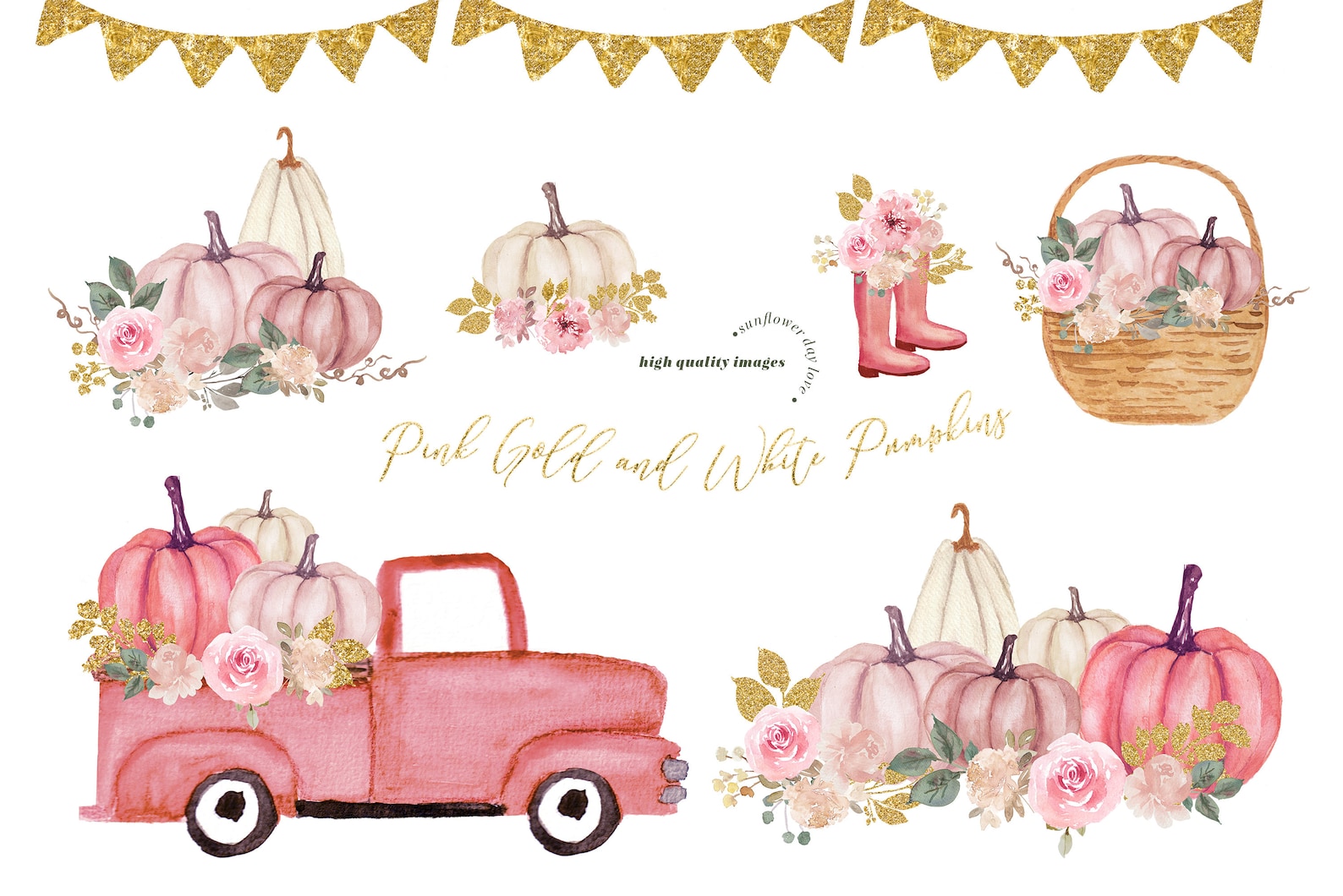 Pink White Autumn Pumpkin Truck Clipart Watercolor Dusty Pink - Etsy