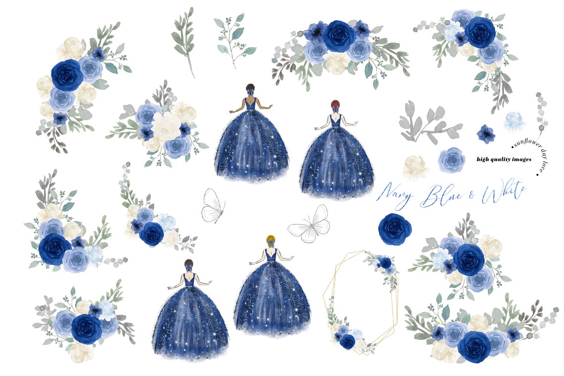 Navy Blue & White Princess Dresses Watercolor Clipart Navy - Etsy