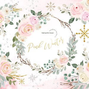 Elegant Winter Pink Floral Pine Trees Watercolor Clipart, Greenery ...