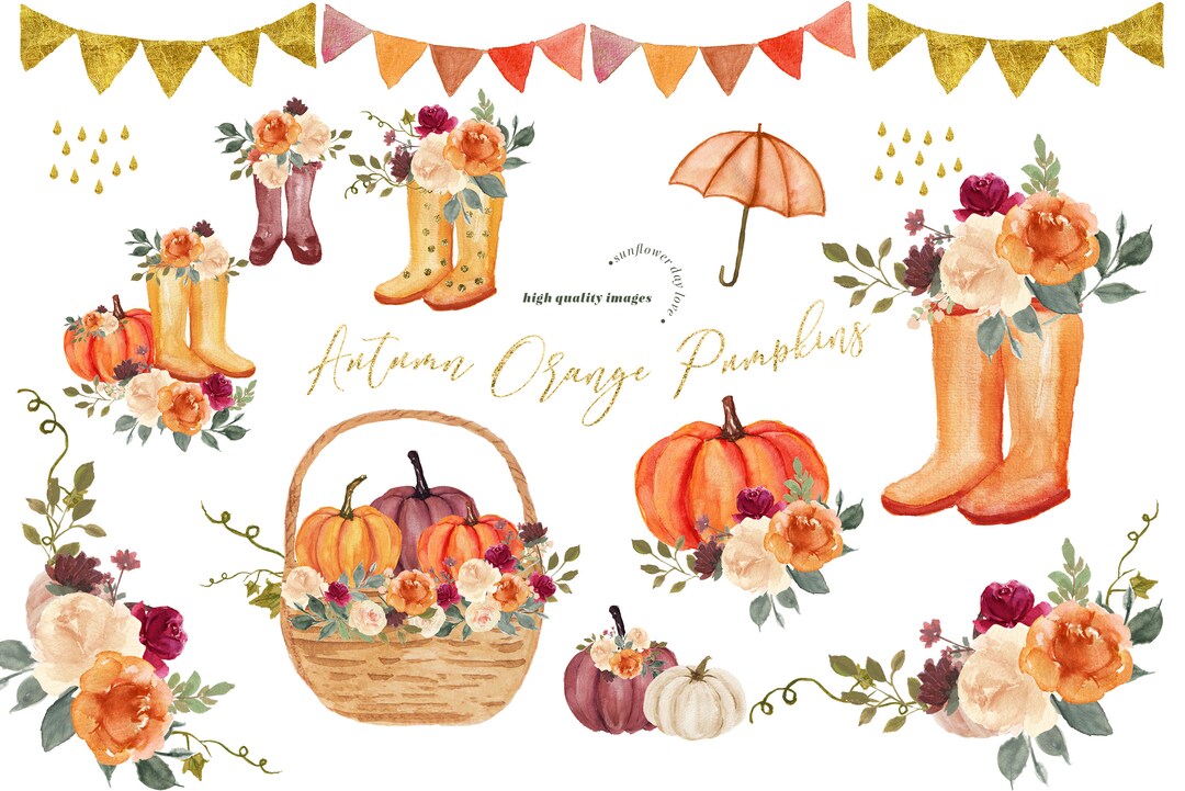 Autumn Orange Pumpkin Boots Clipart, Burgundy Pumpkin Watercolor ...