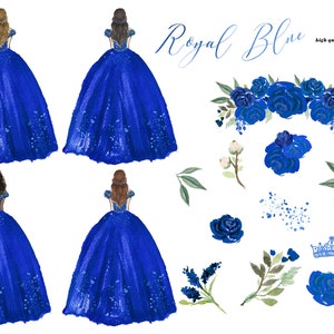 Royal Blue Princess Dresses Watercolor Clipart, Royal Blue Quinceañera ...