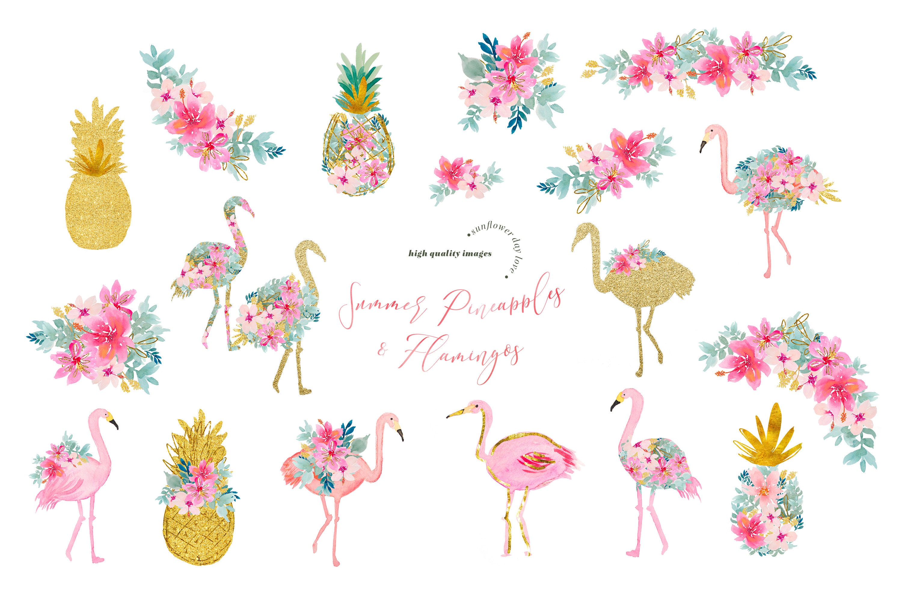Tropical Clip Art Pink Flamingos Watercolor Summer Clipart - Etsy