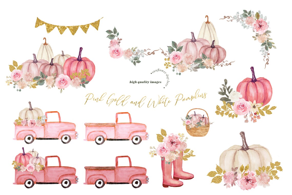 Pink White Autumn Pumpkin Truck Clipart Watercolor Dusty Pink - Etsy