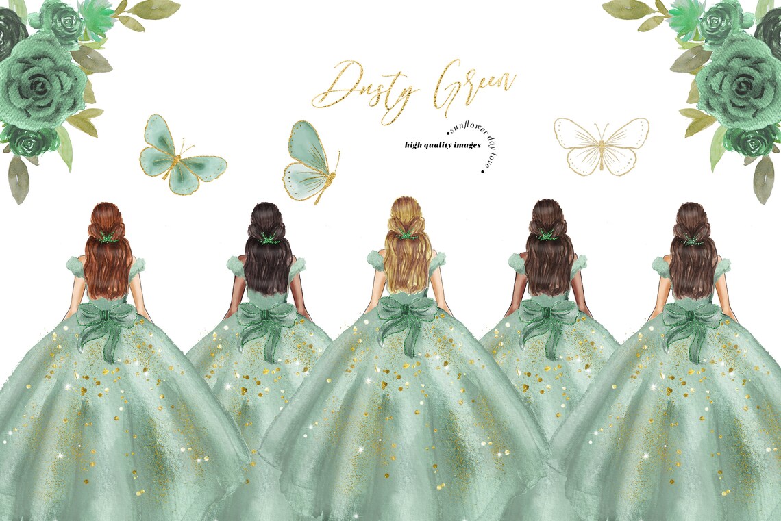 Dusty Green Princess Dress Clipart Dusty Green Flowers - Etsy