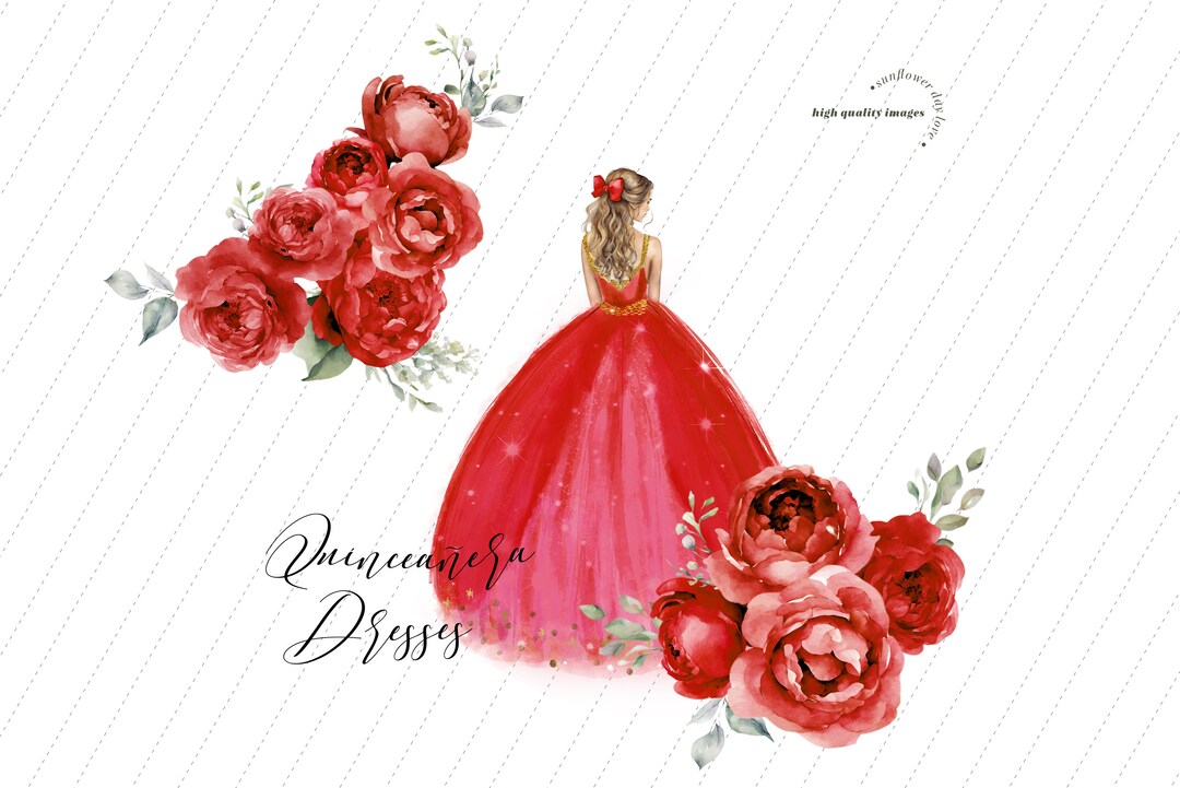 Elegant Red Miss Quince Clipart, Wedding Princess Dresses Red Clipart ...