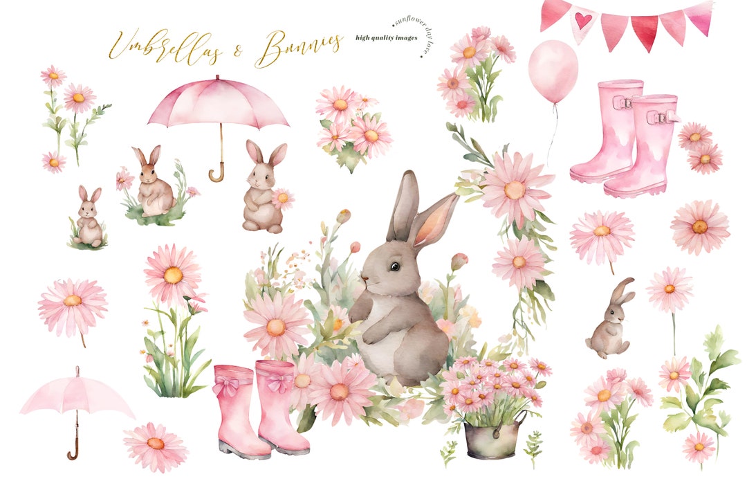 Pink Umbrellas and Bunnies Clipart, Pink Flowers Rain Boots Watercolor ...