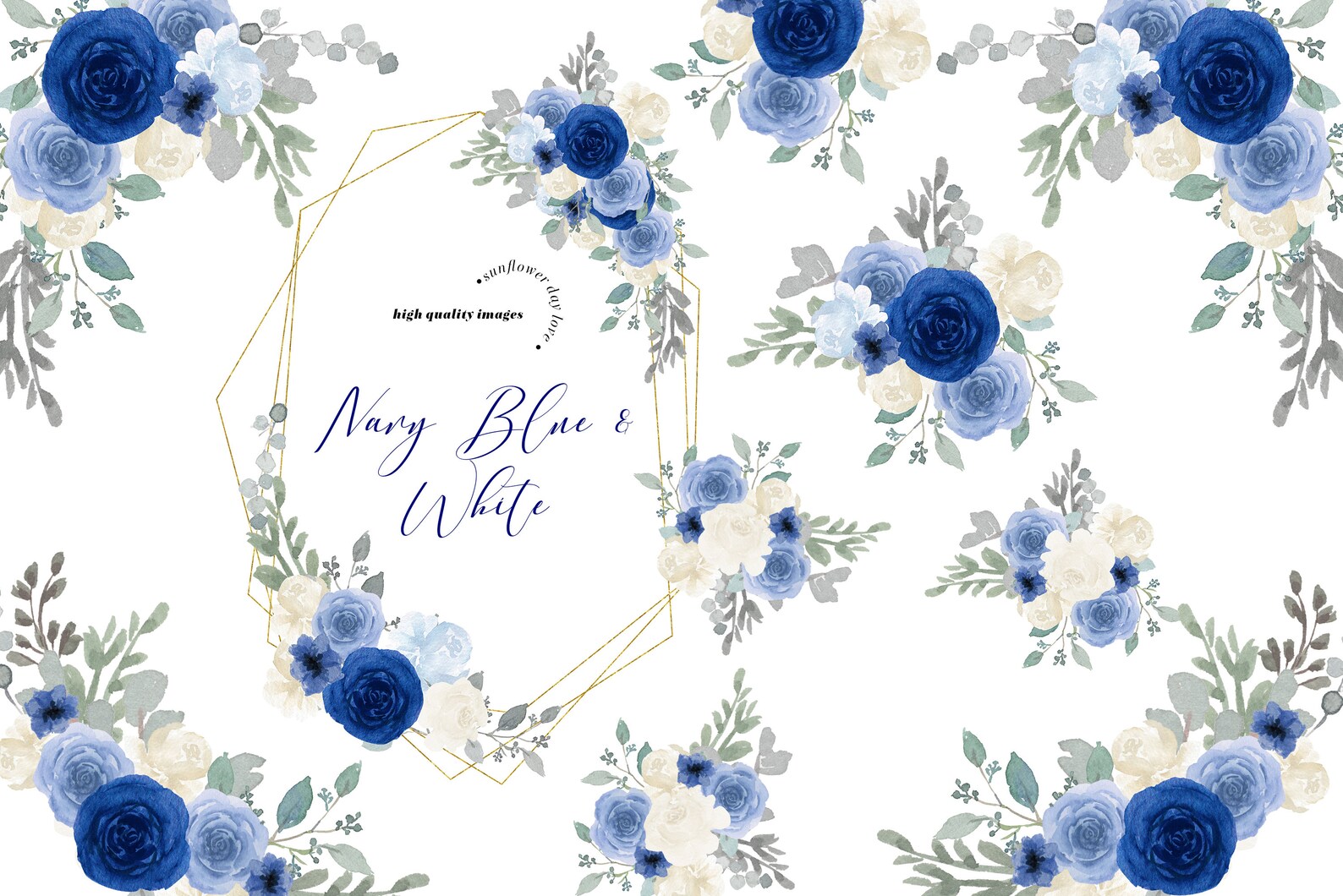 Navy Blue Watercolor Floral Clipart Navy Blue Flowers - Etsy