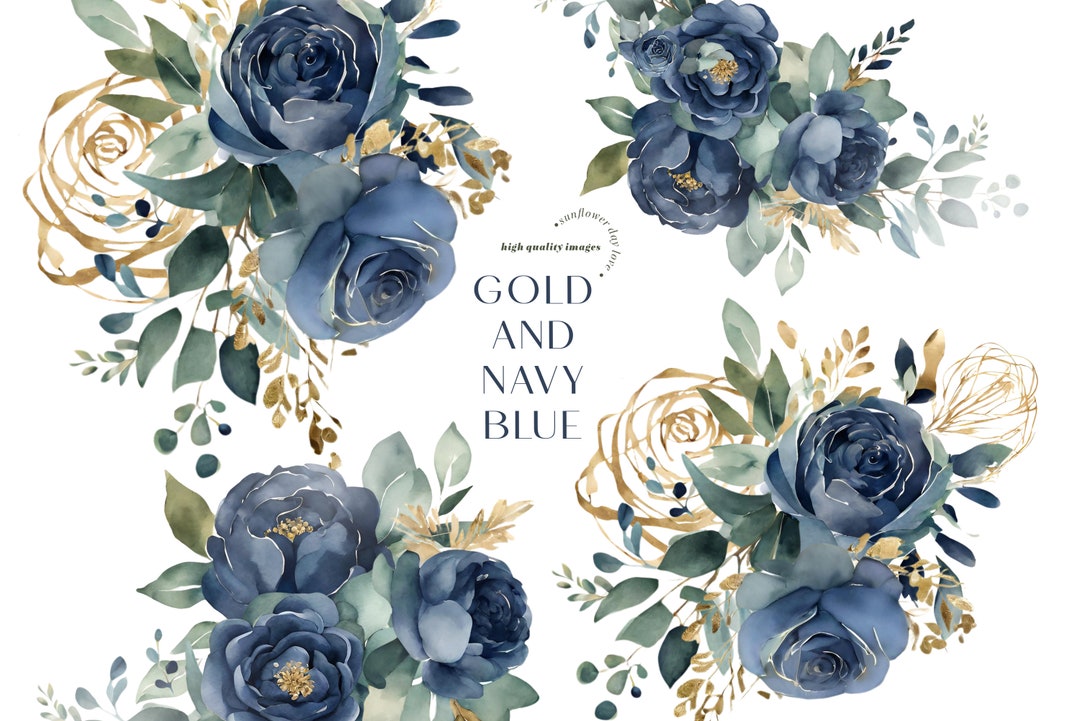Elegant Navy & Gold Flower Watercolor Bouquets Clipart, Navy Blue ...