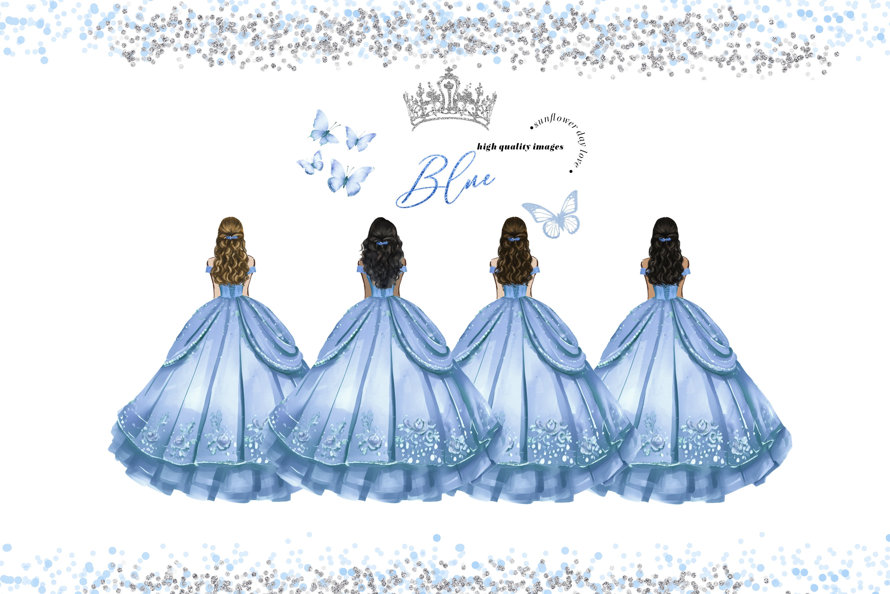 Elegant Arch Blue Princess Dresses Watercolor Clipart, Blue Quinceañera ...