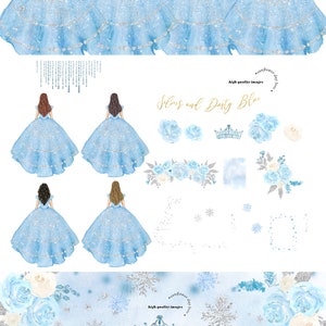Winter Snowflake Silver Dusty Blue Princess Dresses Watercolor Clipart ...