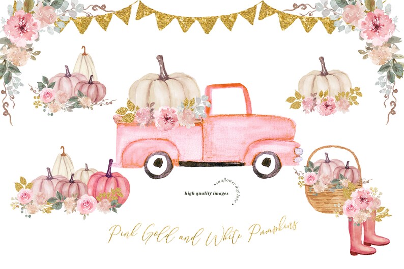 Pink White Autumn Pumpkin Truck Clipart Watercolor Dusty Pink - Etsy