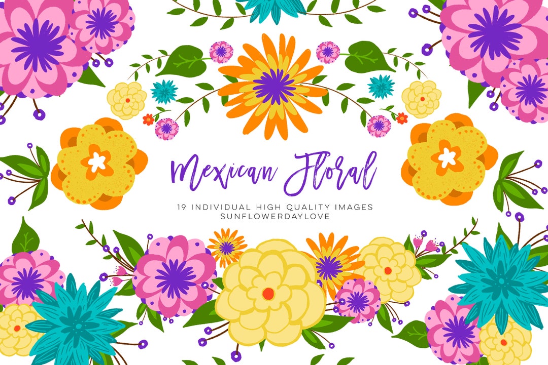 Mexican Floral Colorful Clipart, Fiesta Mexican Floral Clipart, Paper ...