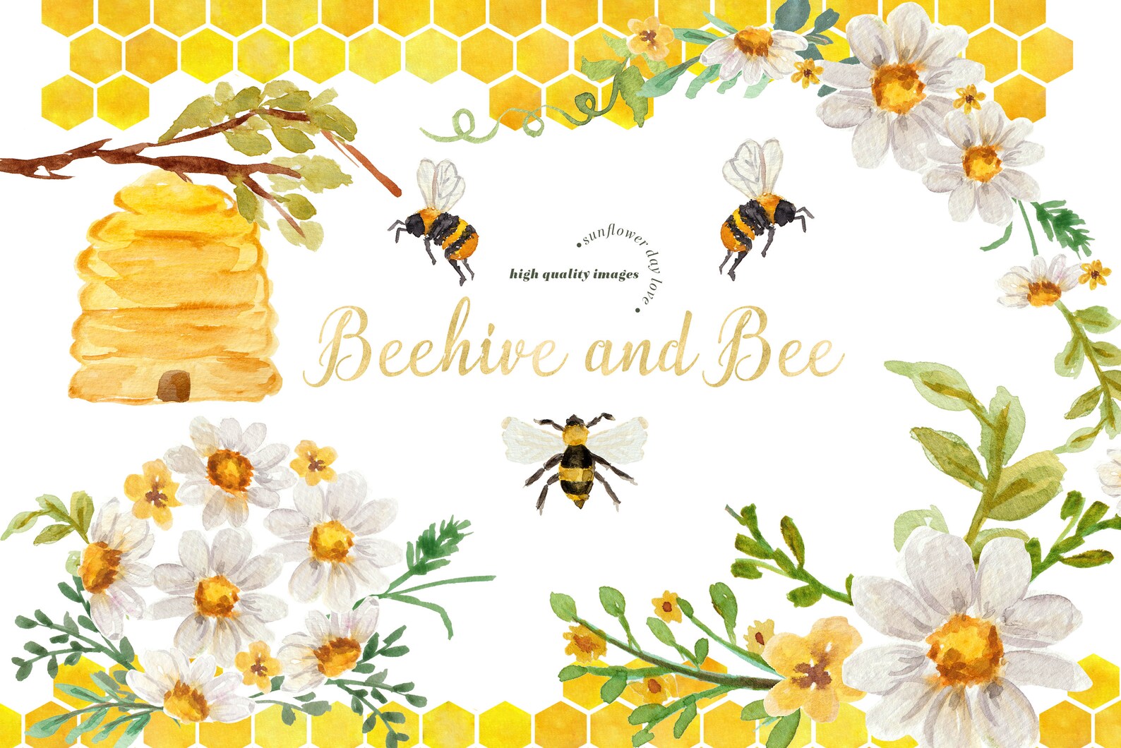 Beehive and Bee Watercolor Clipart, Greenery Bee Frames Clip Art, Honey ...