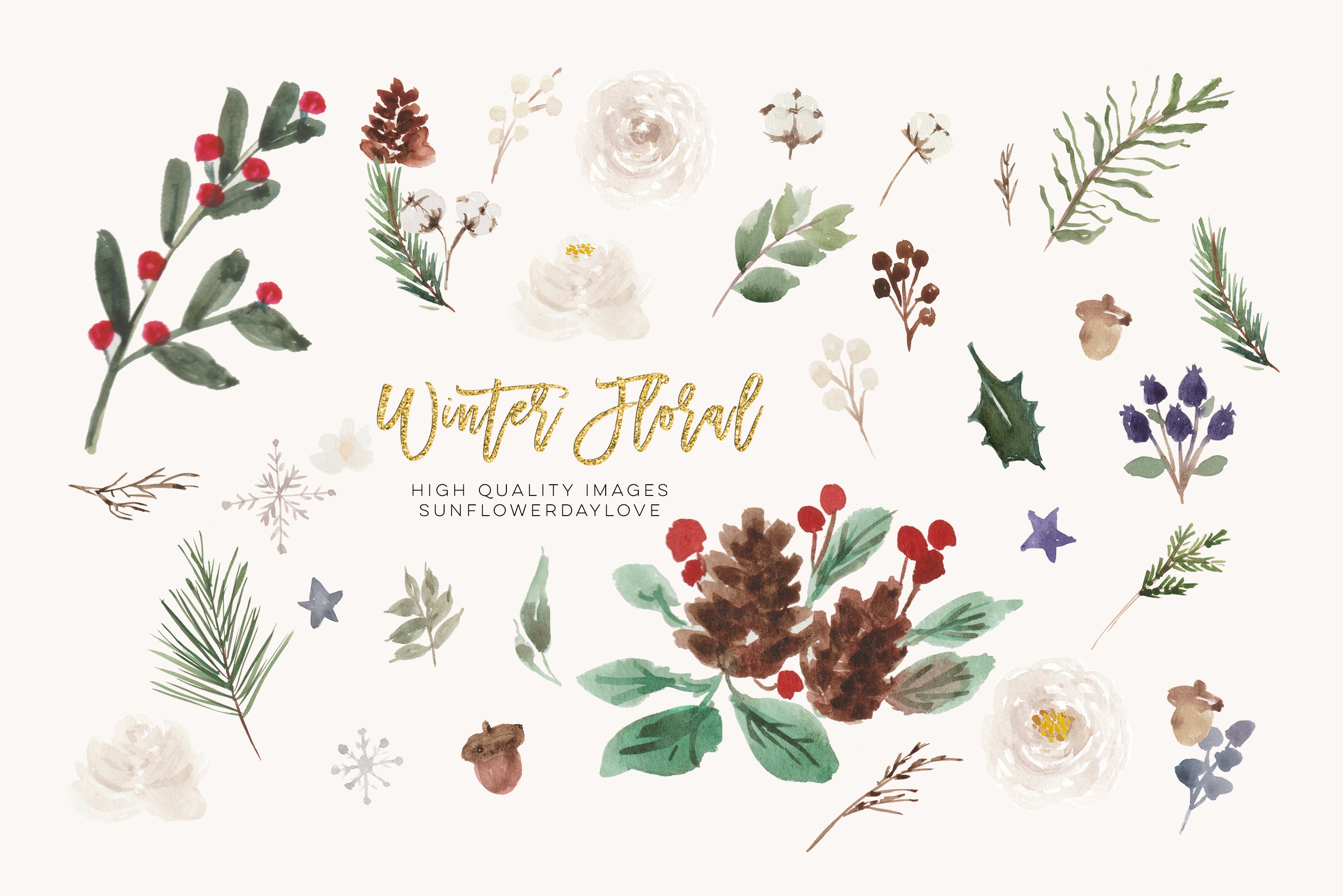 Watercolor Christmas floral clipart Winter floral clipart | Etsy