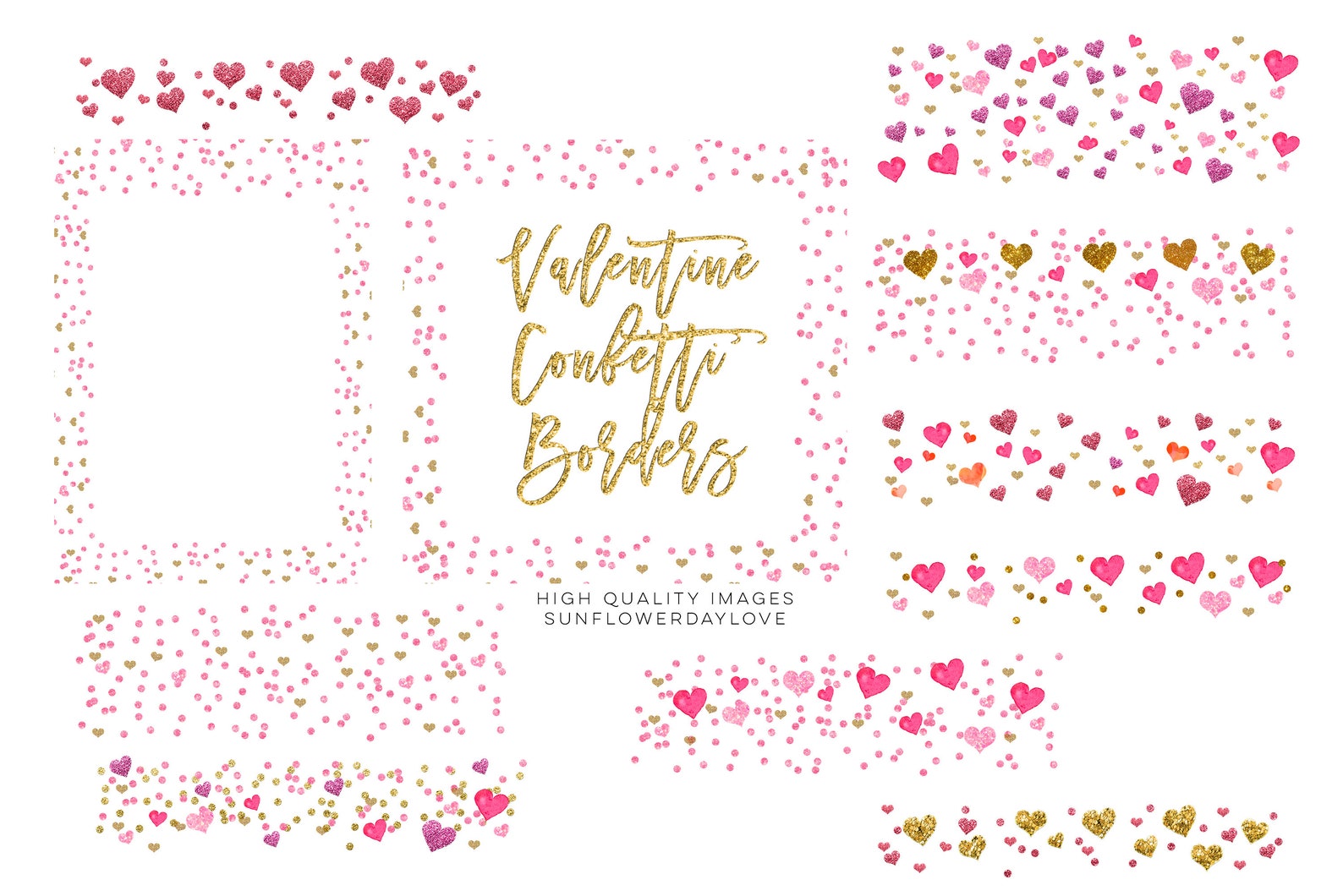 Valentine Pink Watercolor Hearts Borders Clipart Vday Frame - Etsy