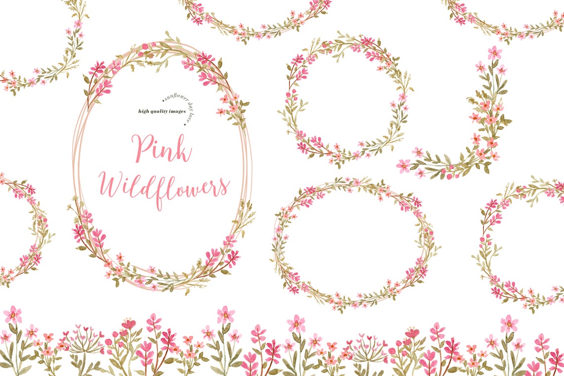 Pink Wildflower Watercolor Clipart Pink Flowers Frame - Etsy