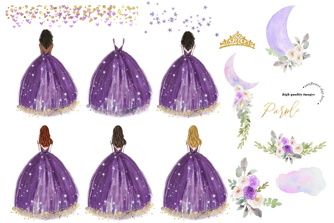 Elegant Purple Princess Dresses and Over the Moon Clipart - Etsy
