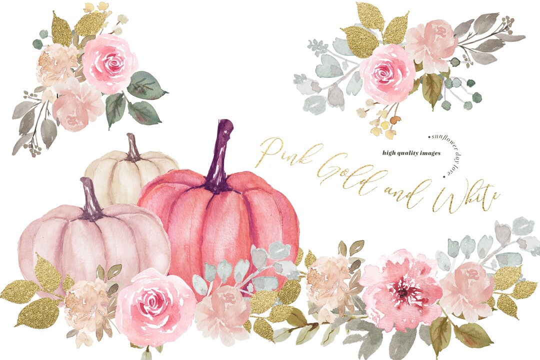 Modern Pink & Gold Glitter Flowers Pumpkin Clipart, Elegant Pumpkin ...