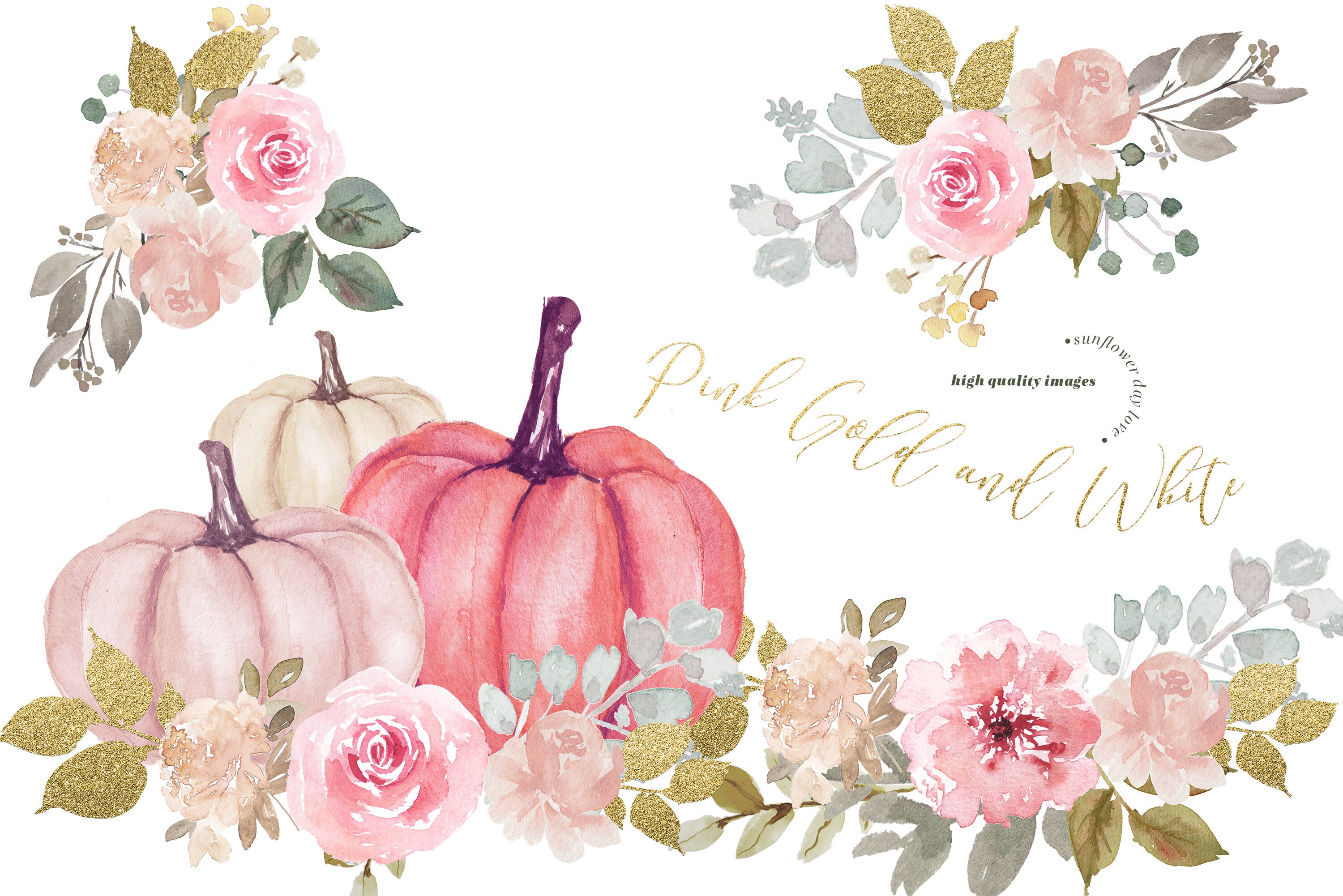 Modern Pink & Gold Glitter Flowers Pumpkin Clipart, Elegant Pumpkin ...