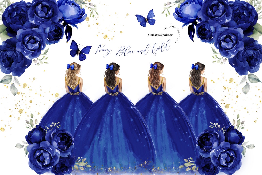 Navy Gold Princess Dresses Watercolor Clipart, Navy Blue Quinceañera ...