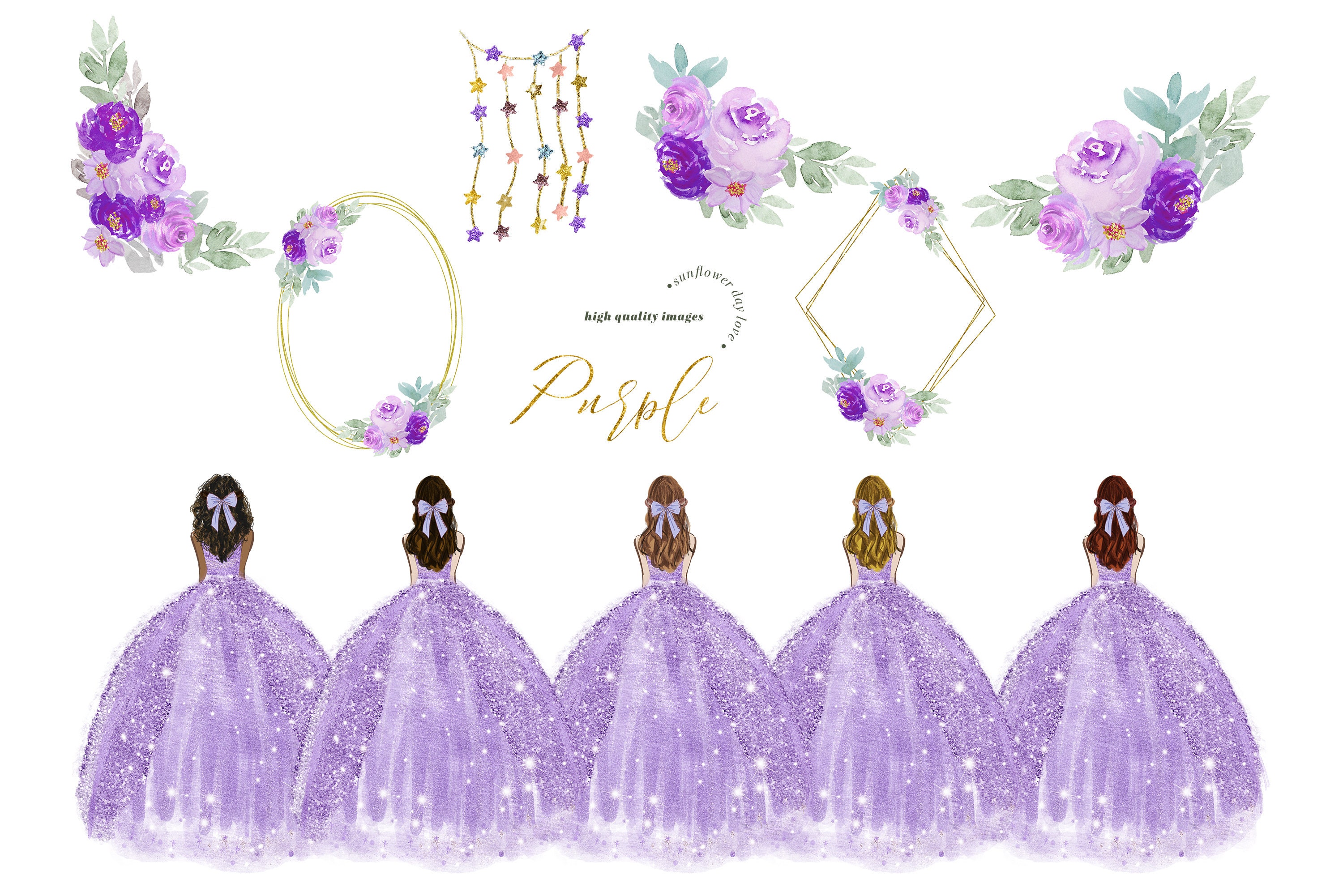 Purple Princess Dress Clipart Purple Lilac Flowers Watercolor - Etsy