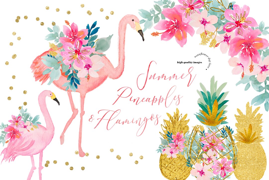 Tropical Clip Art, Pink Flamingos Watercolor Summer Clipart Set ...