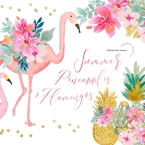 Tropical Clip Art, Pink Flamingos Watercolor Summer Clipart Set ...