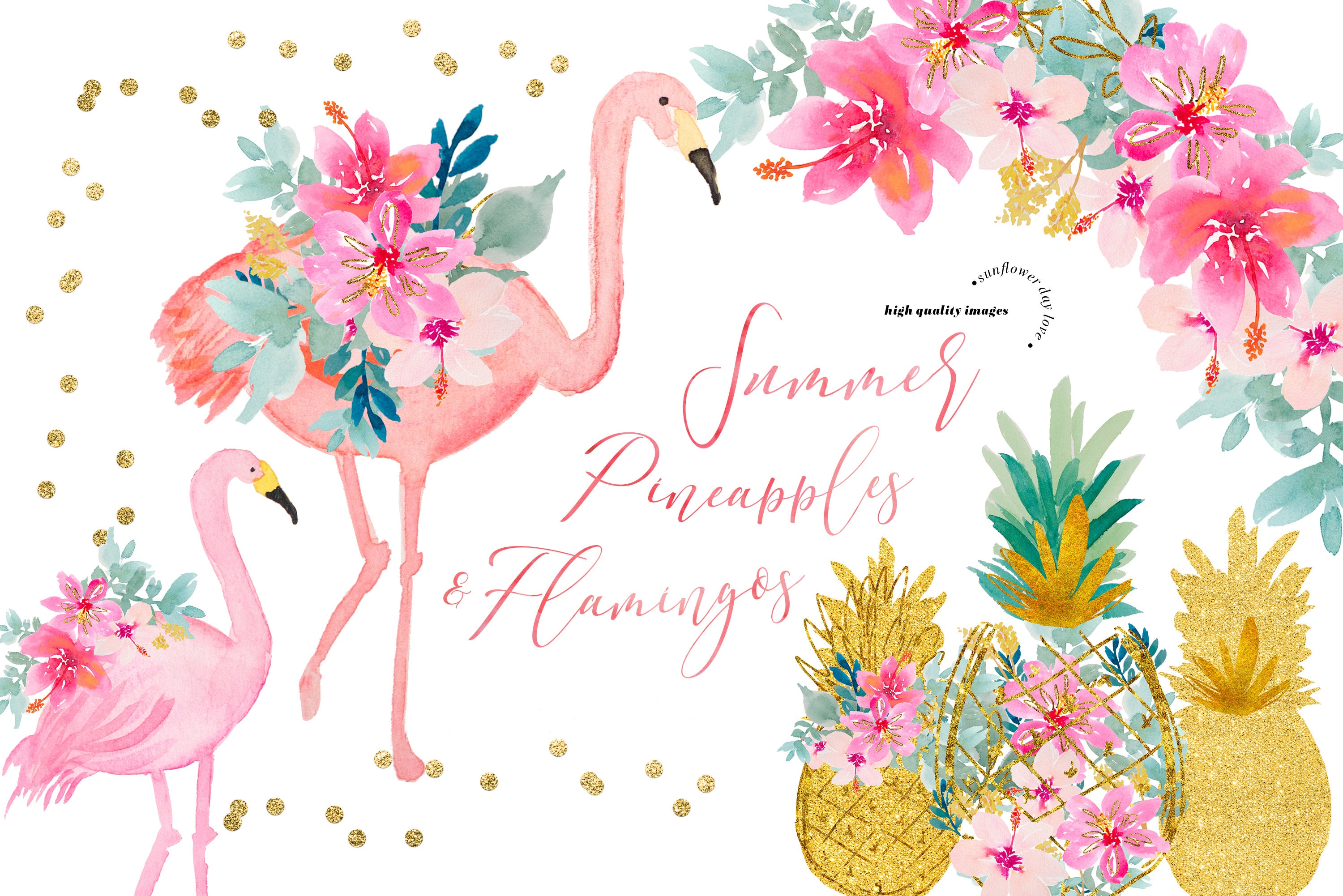 Tropical Clip Art Pink Flamingos Watercolor Summer Clipart - Etsy