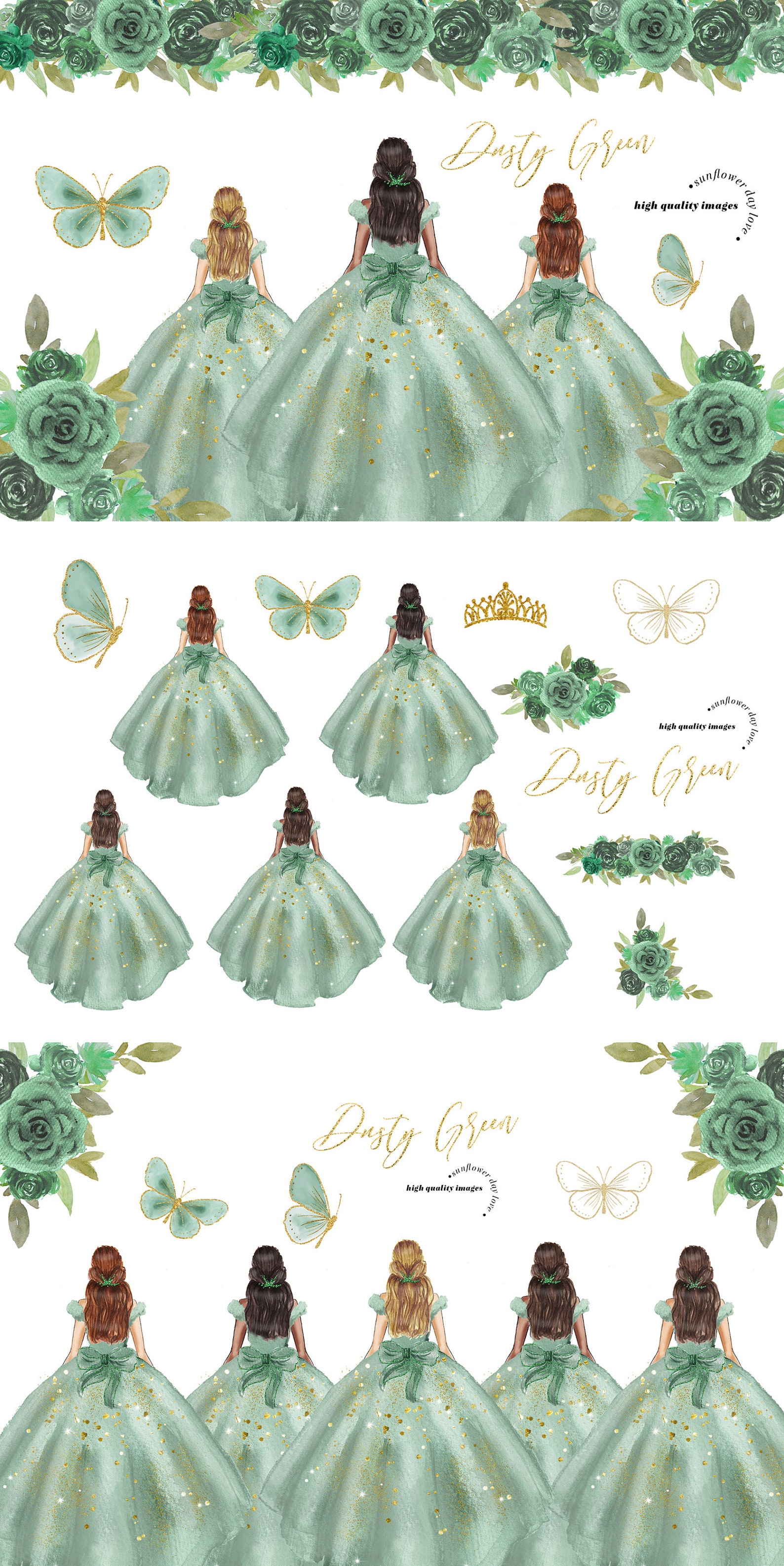 Dusty Green Princess Dress Clipart Dusty Green Flowers - Etsy