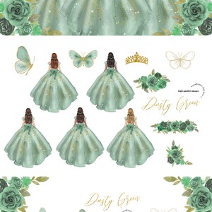 Dusty Green Princess Dress Clipart, Dusty Green Flowers Butterfly ...