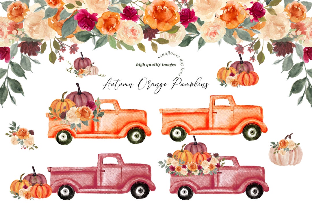 Fall Autumn Orange Pumpkins Truck Clipart, Pumpkin Watercolor Clipart ...