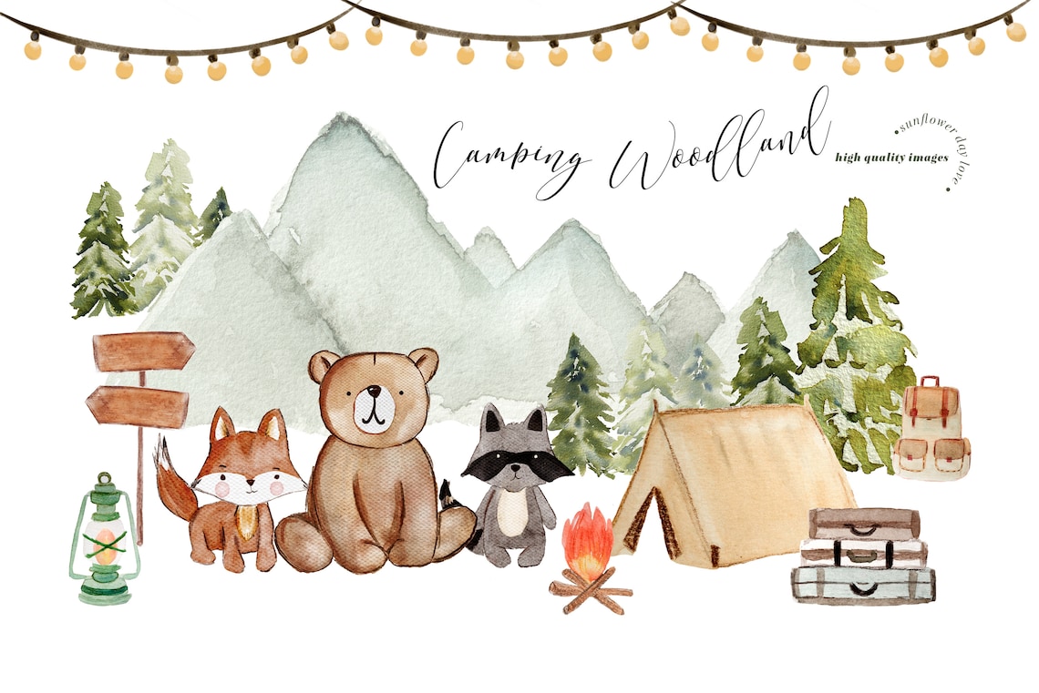 Nursery Camping Woodland Animals Watercolor Clipart Cute Bear - Etsy