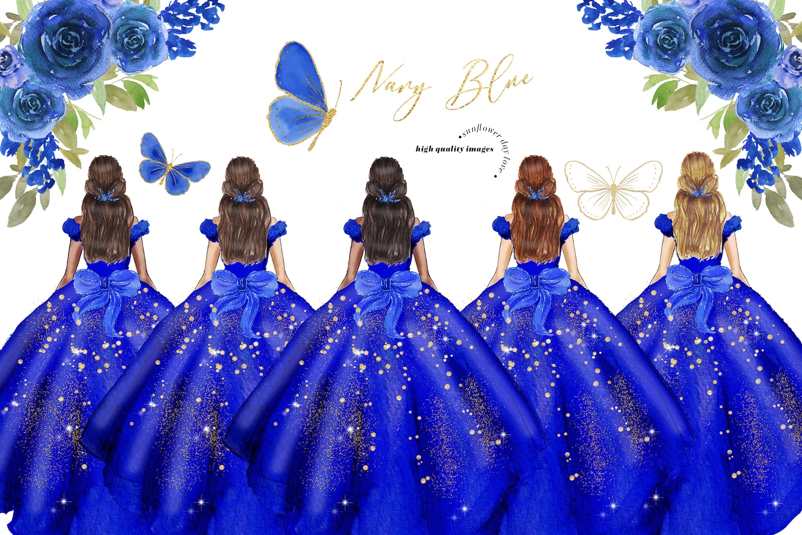 Navy Blue Princess Dresses Watercolor Clipart Navy Blue - Etsy