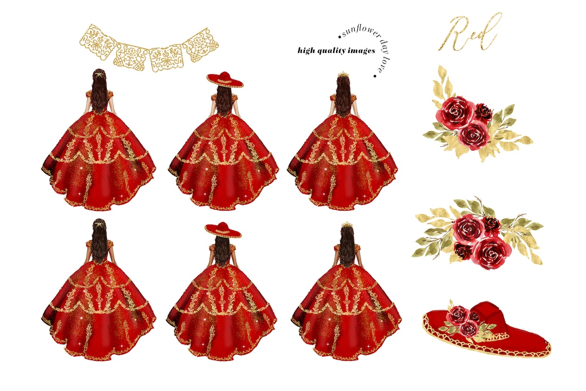 Red Miss Quince Clipart, Wedding Princess Dresses - Black Clipart ...