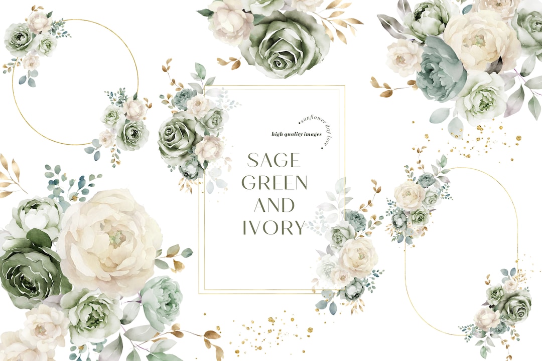 Watercolor Sage Green & Ivory Flowers Bouquets Birthday Clipart, Sage ...
