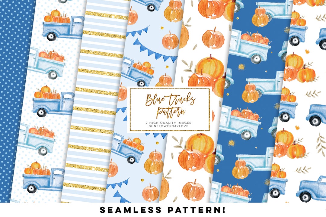 Fall Pumpkin Truck Clipart Seamless Pattern, Blue Pumpkin Truck Digital ...