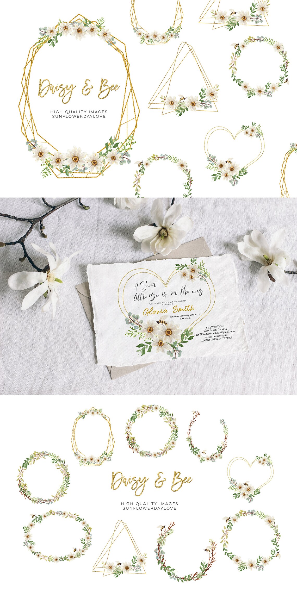 Daisies & Bee Frame Watercolor Clipart Greeting Cards Bee - Etsy