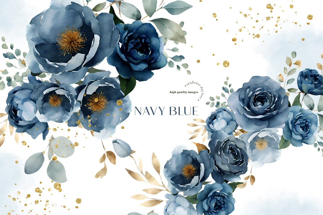 Watercolor Navy Blue Flowers Clipart, Blue Flowers Bouquets Clipart ...