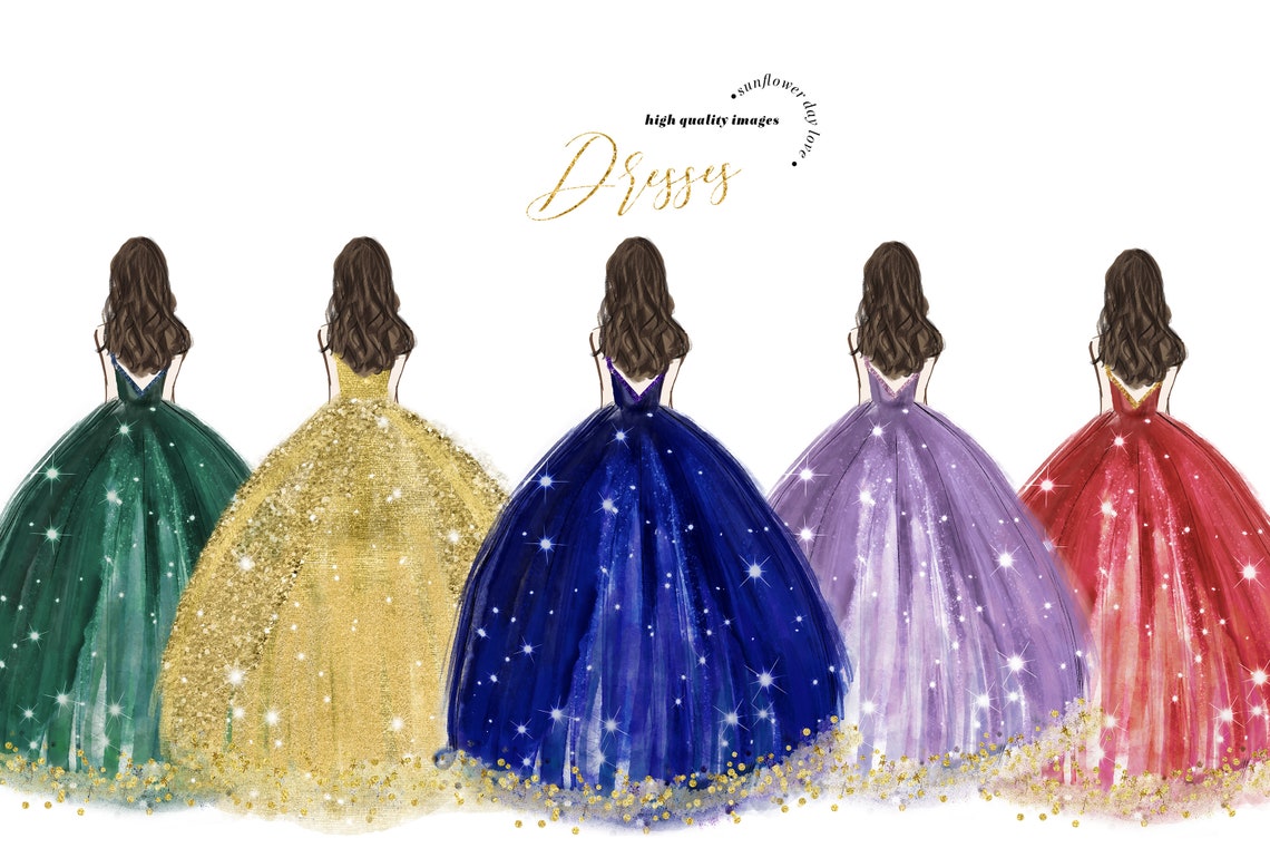 Colorful Princess Dresses Bundle Watercolor Clipart Red Blue - Etsy