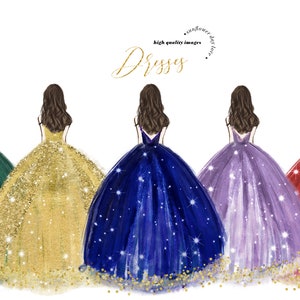 Colorful Princess Dresses Bundle Watercolor Clipart, Red Blue Purple ...