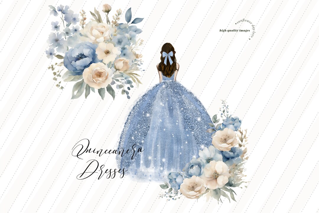 Baby Blue Princess Dress Watercolor Clipart, Elegant Blue Premade ...